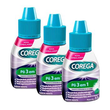 Kit 3 Corega Pó 3 em 1 Para Dentaduras Fixador Próteses Dentárias 22g ...