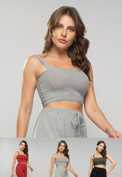 Kit 3 Croppeds Top Faixa Comfy Malha Canelada Mescla, Telha e Verde Salvatore Fashion - Kit ...