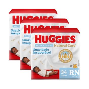 Kit 3 Fralda Premium Huggies Natural Care RN 34 Unidades - Fralda ...