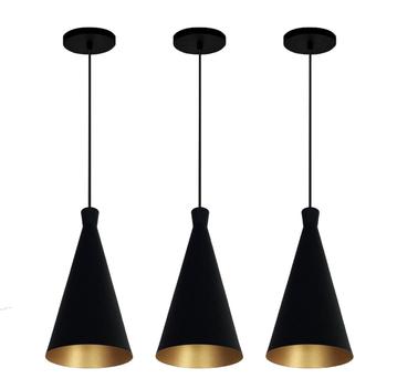 Kit 3 Lustre Pendentes Funil Dixon Canadá Preto Com Dourado - Rrjv ...