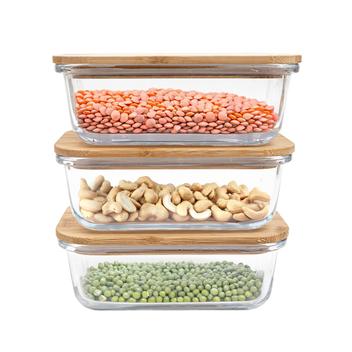 kit 3 potes de vidro 600ml com tampa de bambu hermético marmita ...