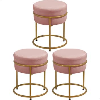 Kit 3 Puff Redondo Argola Levi Veludo Rosa Base em Aço Dourado - ARKELL ...