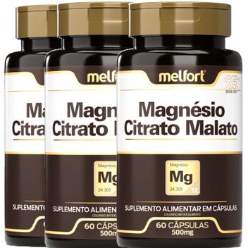 Kit 3 x Citrato Malato de Magnésio 500mg 180 Cápsulas - Suplemento Alimentar - Melfort - Cloreto ...