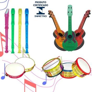 Kit 4 Instrumento Musical Pandeiro Flauta Violão E Tambor - AMAR E - Pandeiro de Brinquedo ...