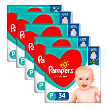 KIT 5 FRALDAS PAMPERS SUPERSEC P/34 = 170un - Fralda Descartável ...