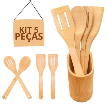 Kit 5 Utensílios de Bambu Espátula Colher Ecológico Cozinha Culinária ...
