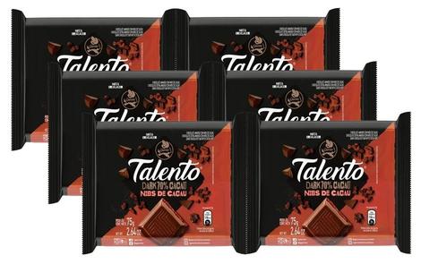 kit 6 Chocolate Talento Sabor Nibs DARK 70% Cacau 75g - Chocolate ...