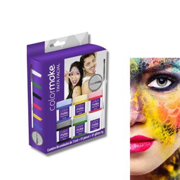 Kit 6 Tintas p/ Rosto Pele facial + Pincel e Glitter festa brilhante ...