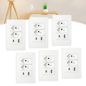 Kit 6 Tomada Dupla Parede Entrada Usb E Tipo C Branco Tm05 - RY ...