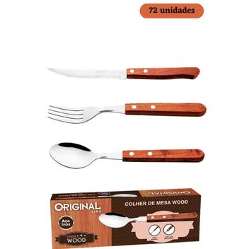 Kit 72 Talheres Garfo Faca Colher de Mesa Wood Inox Com Cabo de Madeira ...