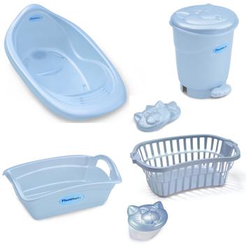 Kit banho bebe banheira + cesto lixeira saboneteira e outros azul ...