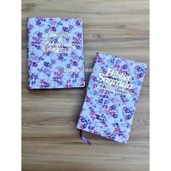 KIT Biblia e Pasta de louvor Branco floral Letras Grandes com harpa ...