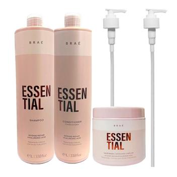 Kit Braé Essential Shampoo 1000ml + Condicionador 1000ml + Máscara 500gr + Válvulas Pump - Kit ...
