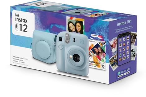 Kit Câmera Instantânea Fujifilm Instax Mini 12 Azul + Pack 10 filmes Spray Art + Bolsa Azul ...