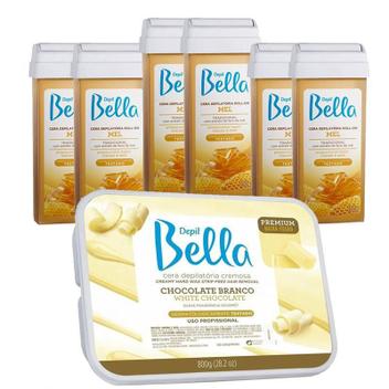 Kit Cera Chocolate Branco 800G + 6 Roll On Mel Depil Bella - Cera ...