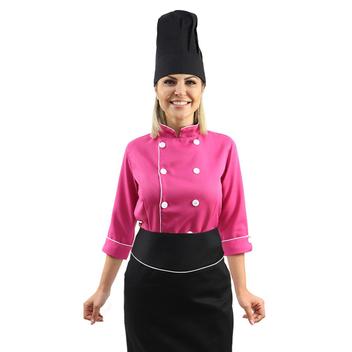 Kit chef cozinha feminino Dolmã manga 3/4 + Avental preto + Chapéu preto - Demorgan Uniformes ...