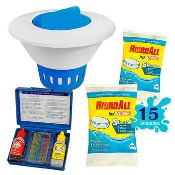 Kit Clorador Flutuante + 15 Pastilhas Hcl Penta + Kit Teste - Hidroall ...