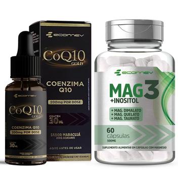 Kit Coenzima Q10 200mg Gotas Mag3 Blend Magnesio Dimalato Quelato Taurato Inositol Ecomev ...