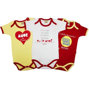 Kit Com 3 Bodys Suedine Manga Curta Estampa Amor / Te Amo / Bom Bom1 ao ...