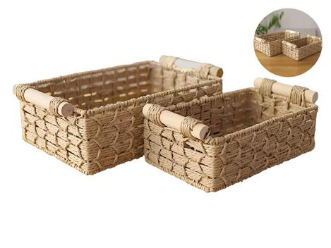 Kit Conj Cestos Decorativos Retangular Fibra Natural Alça Em Madeira ...