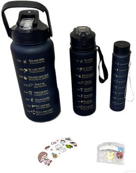 Kit Conjunto 3 Garrafas Água Suco Squeeze PRETO Motivacional 300ML+900ML+2000ML Antivazamento ...