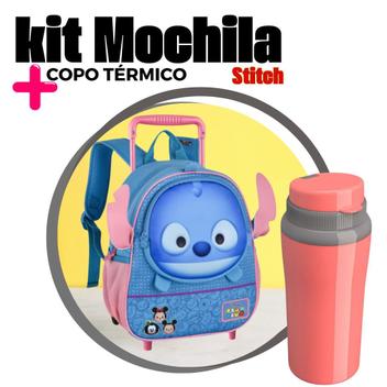 Kit Copo térmico + Mochila infantil escolar com rodinhas Stitch tsum ...