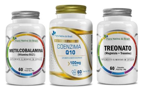 Kit de Suplementos CoenzimaQ10, Treonato, Vitamina B12 60 cáps Flora Nativa - Vitaminas A-Z ...