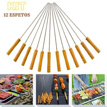 Kit Espeto Churrasco Aço Metal Inox Com Cabo Madeira 12 Peças 30,5cm ...