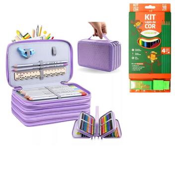 Kit Estojo Escolar com 4 Compartimentos Mais Kit Lápis de Cor Estojo ...