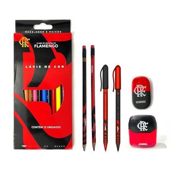 Kit Flamengo Lápis de Cor C/ Canetas Azul + Borracha E Apontador ...