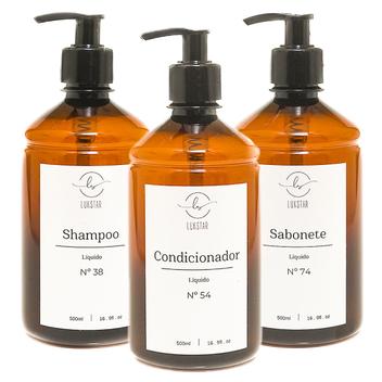 Kit Frascos Ambar 3Pçs Shampoo Condicionado Sabonete 500ml - Lukstar ...