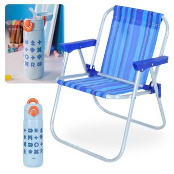 Kit Garrafa Termica 480ml Inox e Alca Azul Kids + Cadeira de Praia Infantil em Aluminio Bel Mor ...