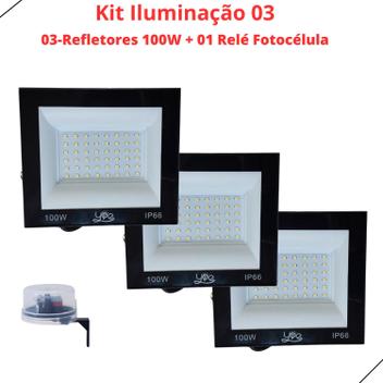 Kit iluminação - 03 refletores (holofotes) de led 100w + 01-relé ...