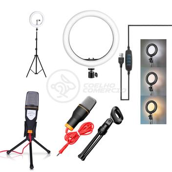 Kit Influencer Ring Light 12 Polegadas + Tripé de 1,5M + Microfone Profissional de Podcast SF ...