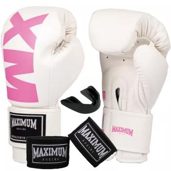 Kit luva de boxe muay thai feminino mxm branco/rosa + bandagem 3m + protetor bucal - maximum ...