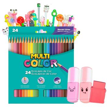 Kit Material Escolar Colorido Lápis Borracha Caneta Marca Texto - Kit ...