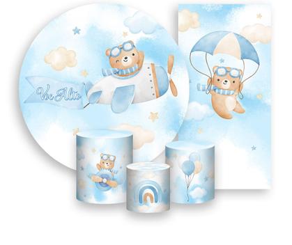 Kit Painel De Festa + Trio Capa Cilindro + Faixa Veste Fácil - Ursinho Aviador Azul e Bege 026 ...