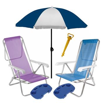 Kit Praia 2 Cadeira Reclinável Sannet Alum + Guarda Sol + Saca Areia ...