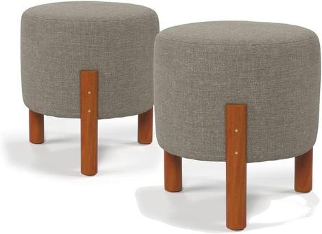 Kit Puff Redondo Luxo Decorativo Charme com Pés de madeira Linho Cinza ...