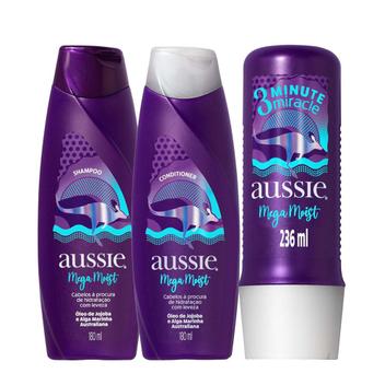 Kit Shampoo + Condicionador Aussie Mega Moist 180ml + Tratamento 3 ...