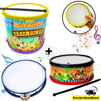 Kit Tambor Pandeiro Tamborzinho Infantil 3 Instrumentos Musicais ...