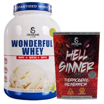 Kit termogênico hell sinner 60 cápsulas + whey wonderful concentrado 900g - demons lab ...