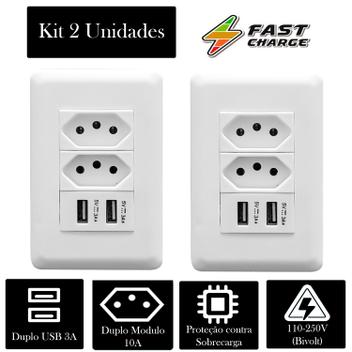 Kit Tomada De Parede Dupla 10A Com Espelho Branco 4x2 Com 2 Portas Usb ...