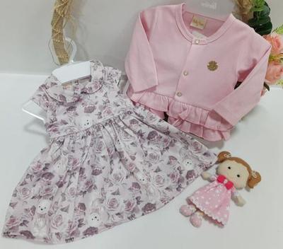 Kit Vestido Cetim + Casaco Moletinho Bebe Menina Enxoval 376 - Bela ...