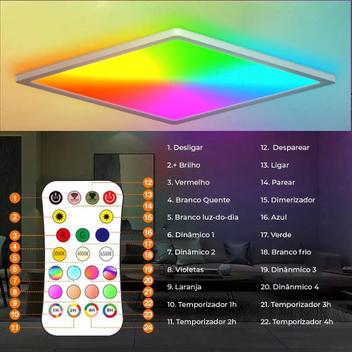 Lâmpada De Teto Plafon 24W Painel Quadrado LED RGB Controle Remoto ...