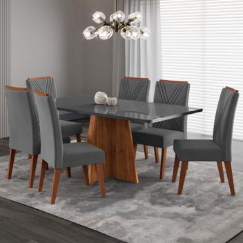 Mesa de Jantar 6 Lugares Stilo Mel/Cinza/Veludo Cinza - Viero Móveis ...