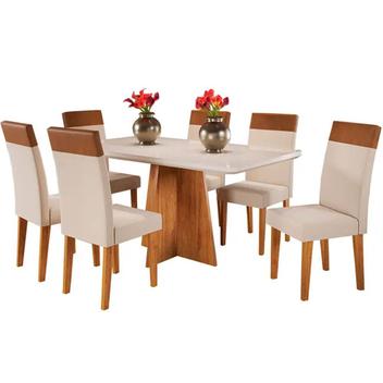 Mesa de Jantar Viena 160x90cm com 6 Cadeiras Turim Tecido Linho Viero Cor Mel Off White com ...