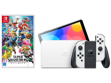 Nintendo Switch OLED 64GB Branco 1 Par de - Controles Joy-Con 7.0” + Super Smash Bros Ultimate ...