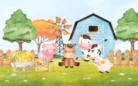 Painel de lona Fazendinha Aquarela Animais e Celeiro Azul - Fabrika de ...