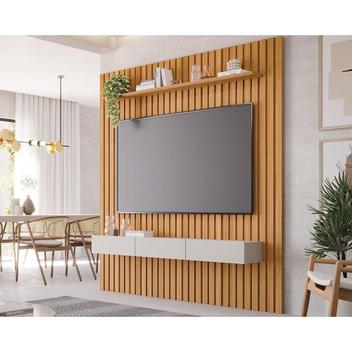Painel Quarto p/ TV até 65 Pol Maragogi Ripado c/ 1 Porta e 2 Gavetas 185x220cm Nature/Off White ...